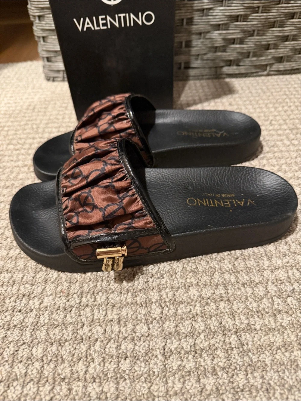 Valentino | Shoes | Valentino Brown And Black Logo Monogram Slide ...